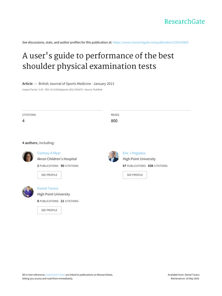 Myer 2013 A Users Guide To Performance of The Best Shoulder Physical ...