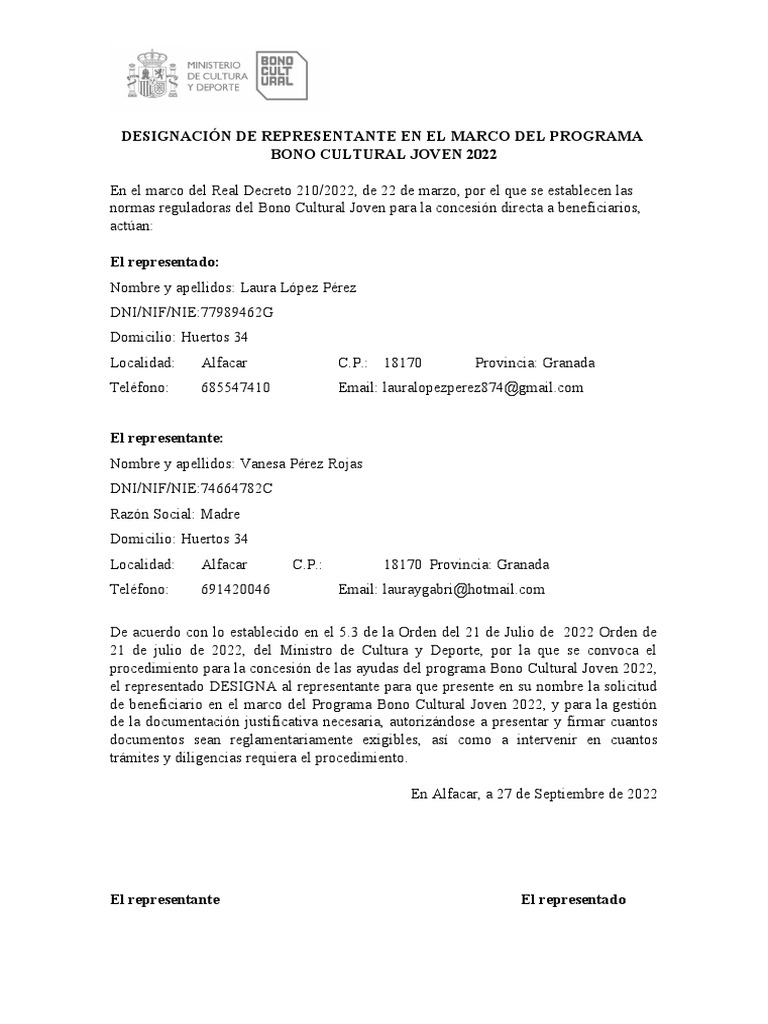 Designación de Representante en El Marco Del Programa Bono Cultural Joven 2022 | PDF