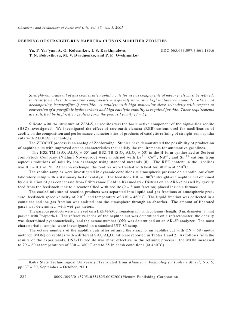 Refining of Straight-Run Naphtha Cuts On Modified Zeolites | PDF | Oil ...