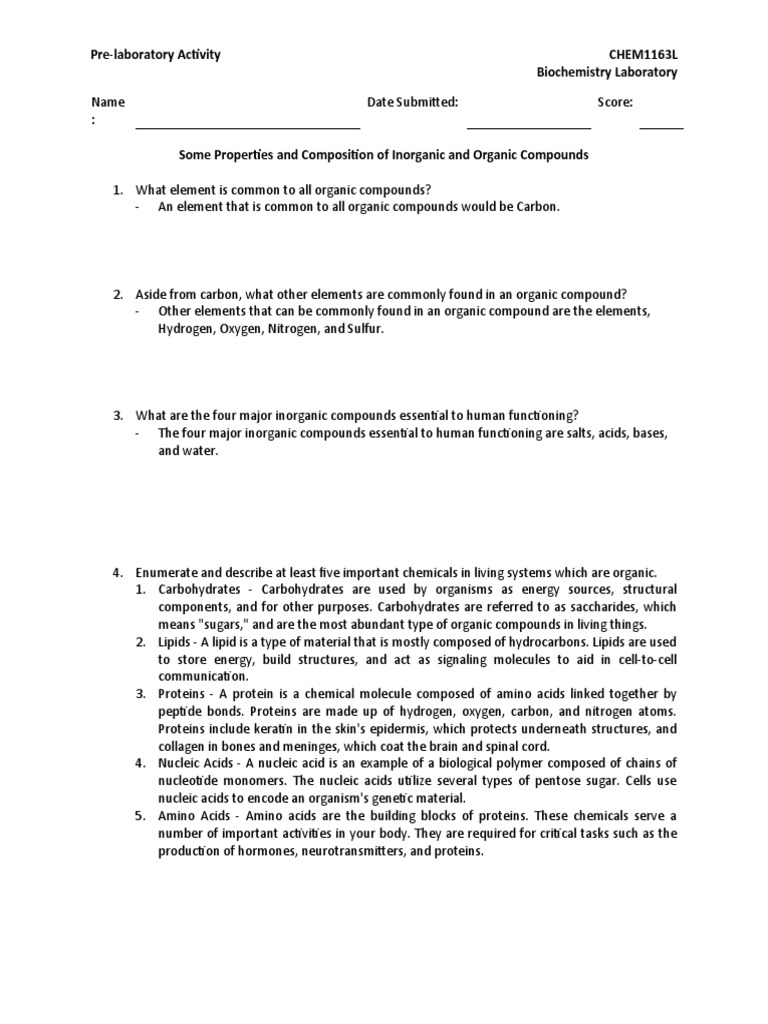 Pre-Lab Expt 1-Some Properties and Composition of Inorganic and Organic ...