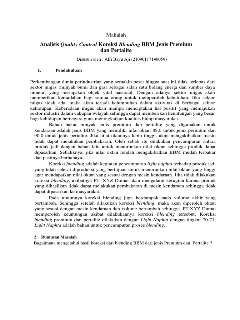 Quality Control of Premium and Pertalite Fuel Blending Correction Analysis | PDF