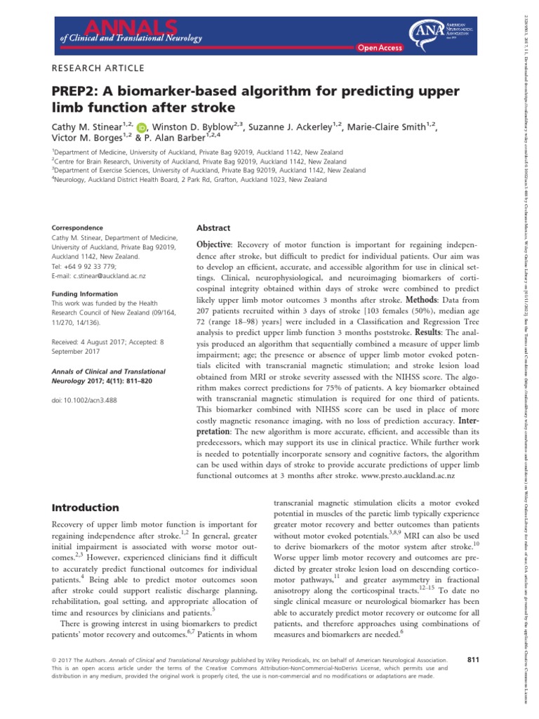 Ann Clin Transl Neurol 2017 Stinear Prep2 A Biomarker Based Algorithm For Predicting Upper 
