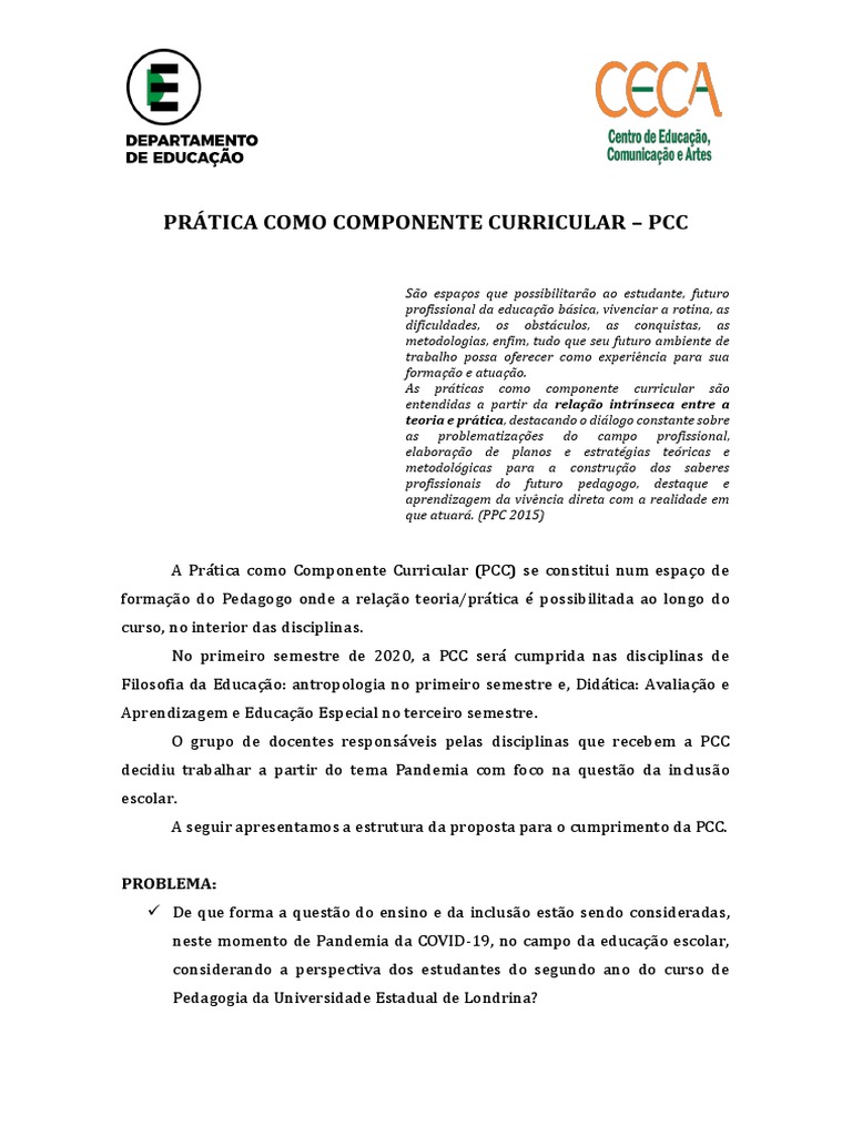 PCC - Pratica Como Componente Curricular | PDF | Pedagogia | Educação ...