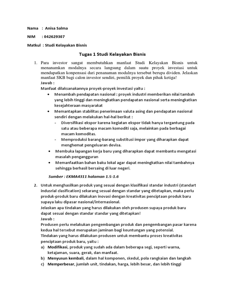 Tugas 1 Studi Kelayakan Bisnis-042629307 | PDF | Bisnis | Pengelolaan ... Tugas 1 Studi Kelayakan Bisnis-042629307 | PDF | Bisnis | Pengelolaan ...