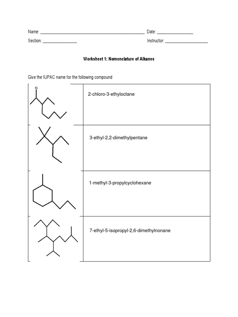 Worksheet 1 Nomenclature of Alkanes and Cycloalkanes Students Answer ...