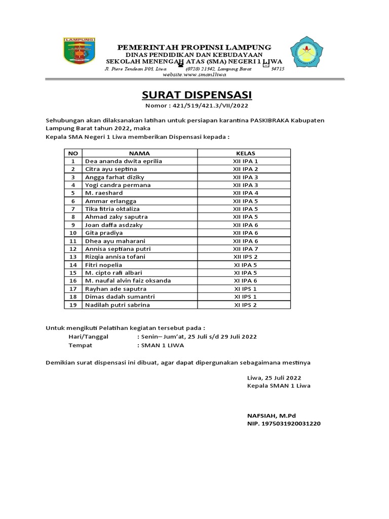 SURAT DISPENSASI UNTUK PESERTA PELATIHAN PASKIBRAKA | PDF