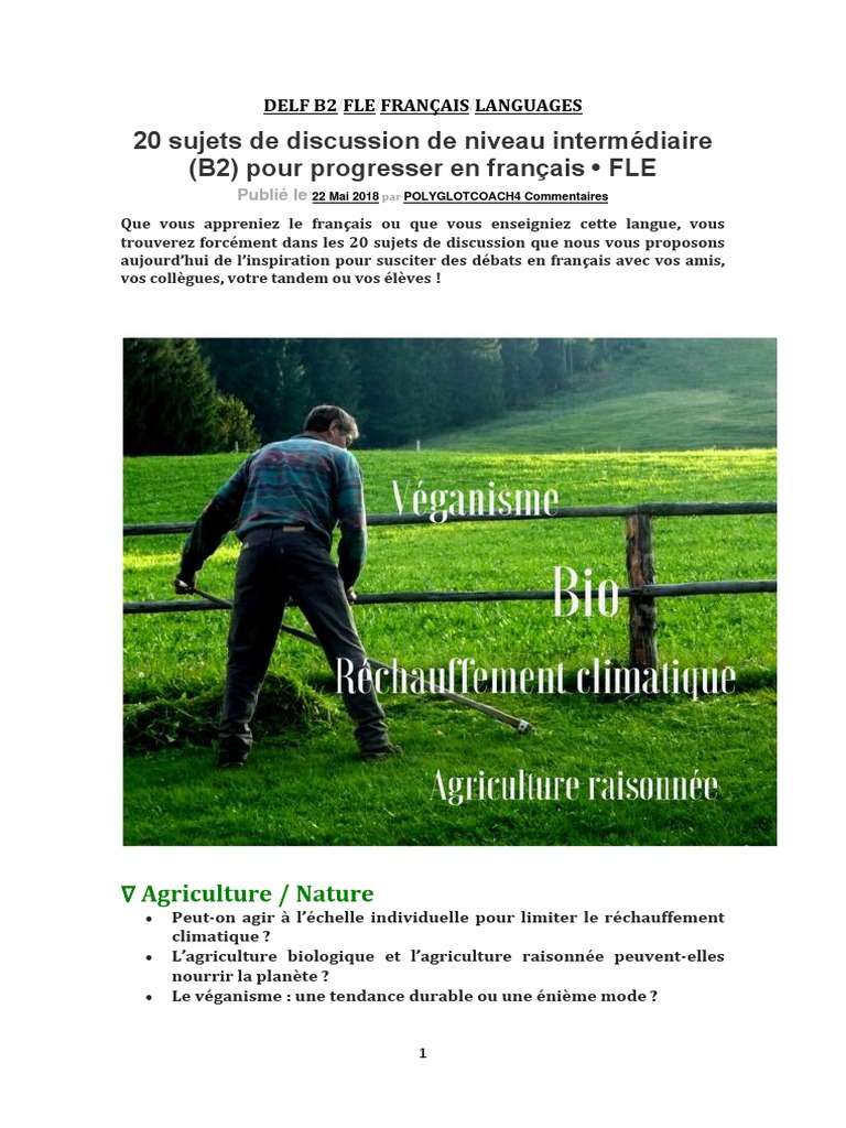 20 Sujets de Discussion de Niveau Intermédiaire (B2) Pour Progresser en ...