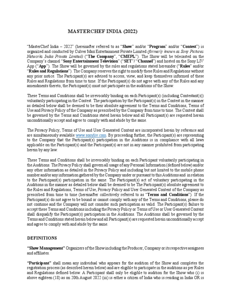 Masterchef Rules and Regulations Masterchef India | PDF