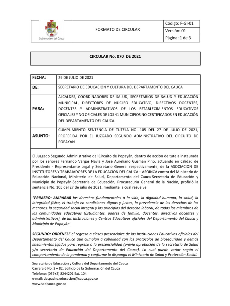 CIRCULAR 070 de 2021 | PDF
