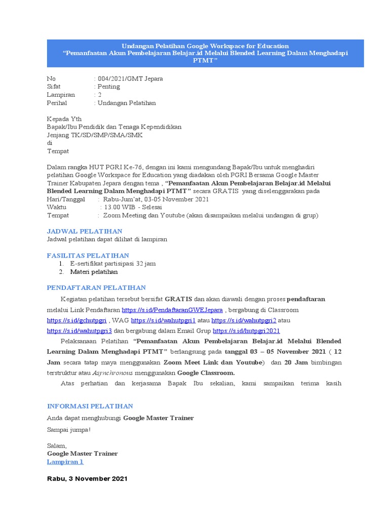 Undangan Pelatihan GWE Blended Learning | PDF