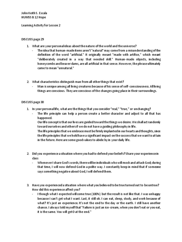Learning Activity For Lesson 2 | PDF | Experience | Thought