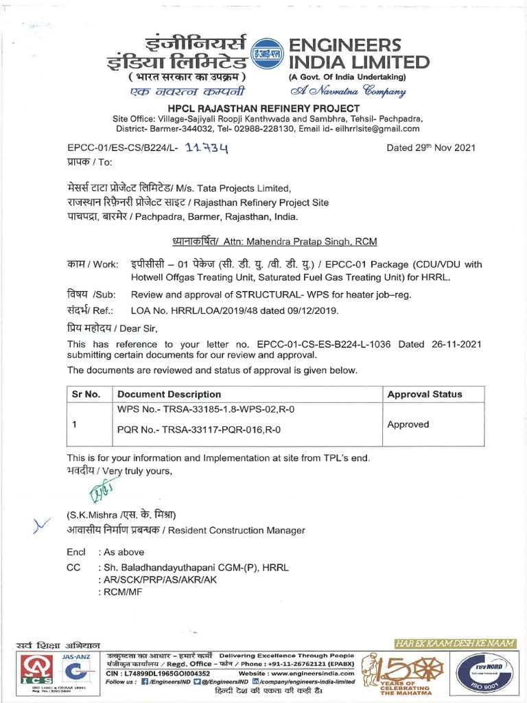 Dissimilar Weld WPS (P1 To P8) EPCC-01 TPL-11734, Dated 29-11-2021 EIL Approved | PDF