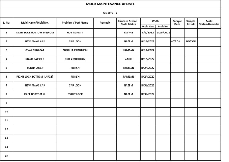 Mold Maintenance Report | PDF