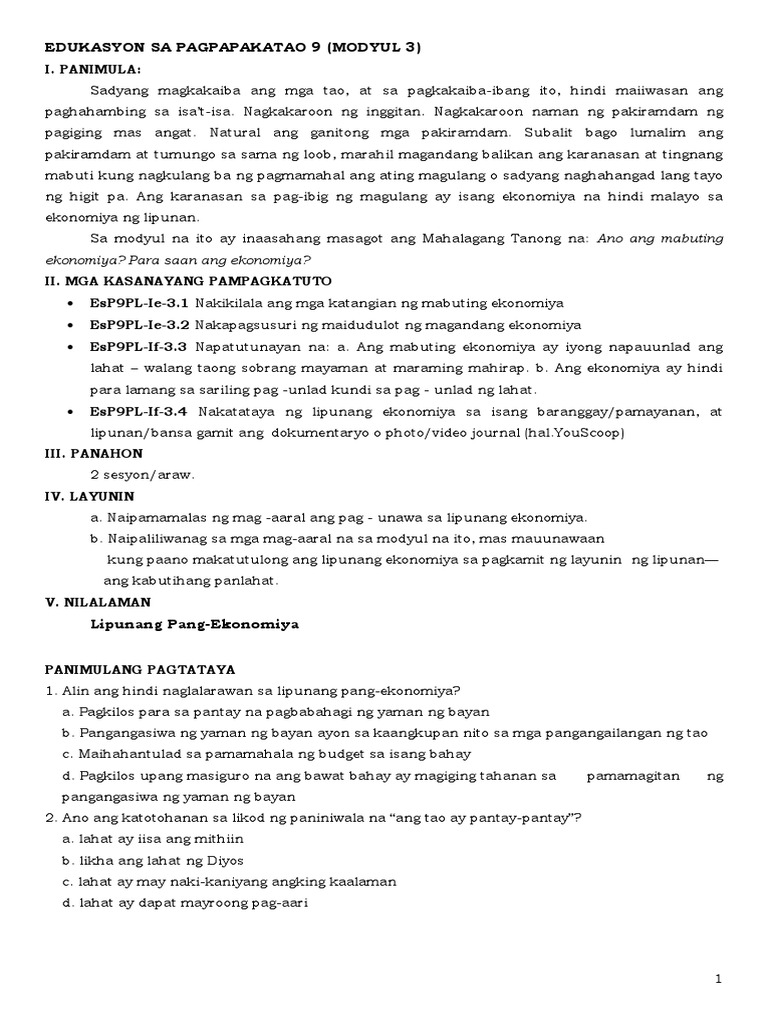 1ST QUARTER WEEK 5&6 3module ESP9 - 2021-2022 | PDF