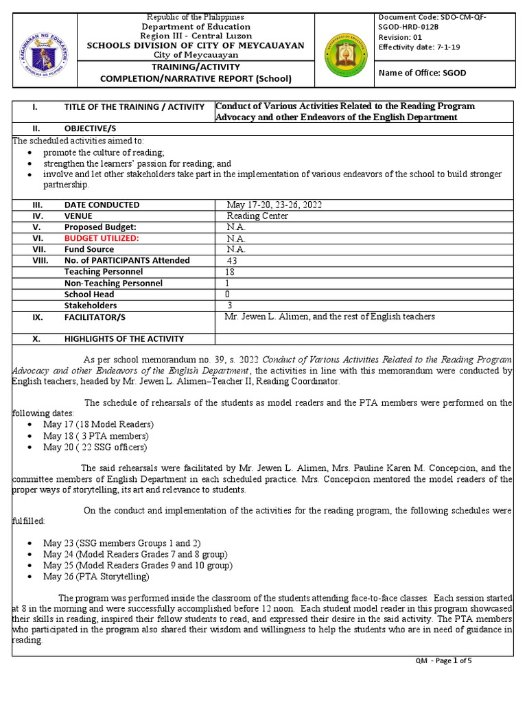ACR Reading Program Implementation | PDF | Communication | Teaching