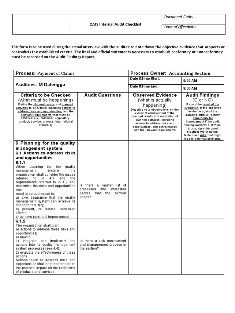 Payment of Claims - AuditChecklist - Template - DA12 | PDF | Quality ...