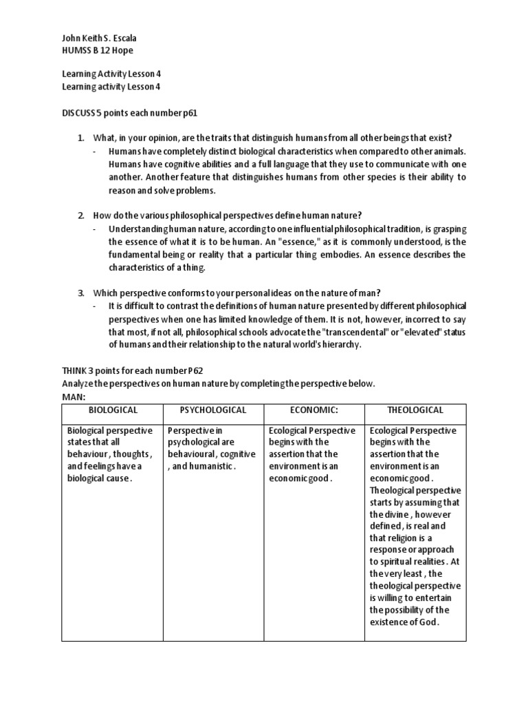 Learning Activity Lesson 4 | PDF | Human Nature | Human