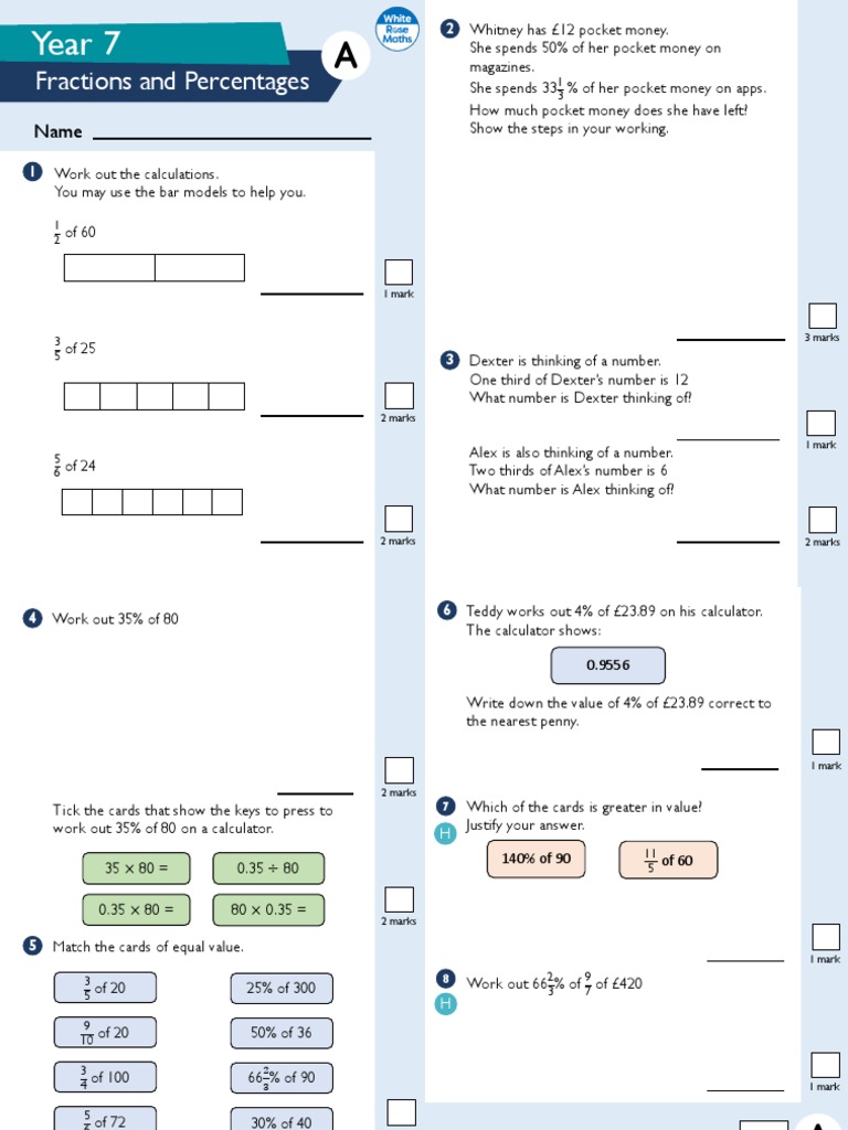 Year 7 Fractions and Percentages Test | PDF