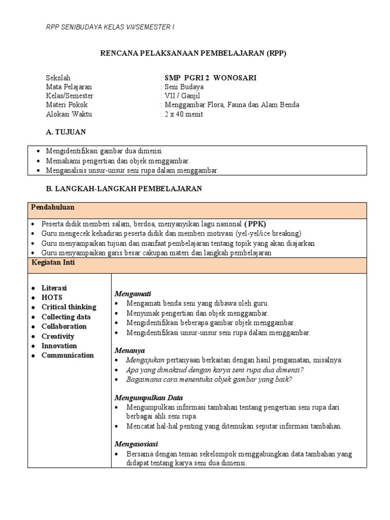 RPP Seni Budaya Kelas 7 | PDF