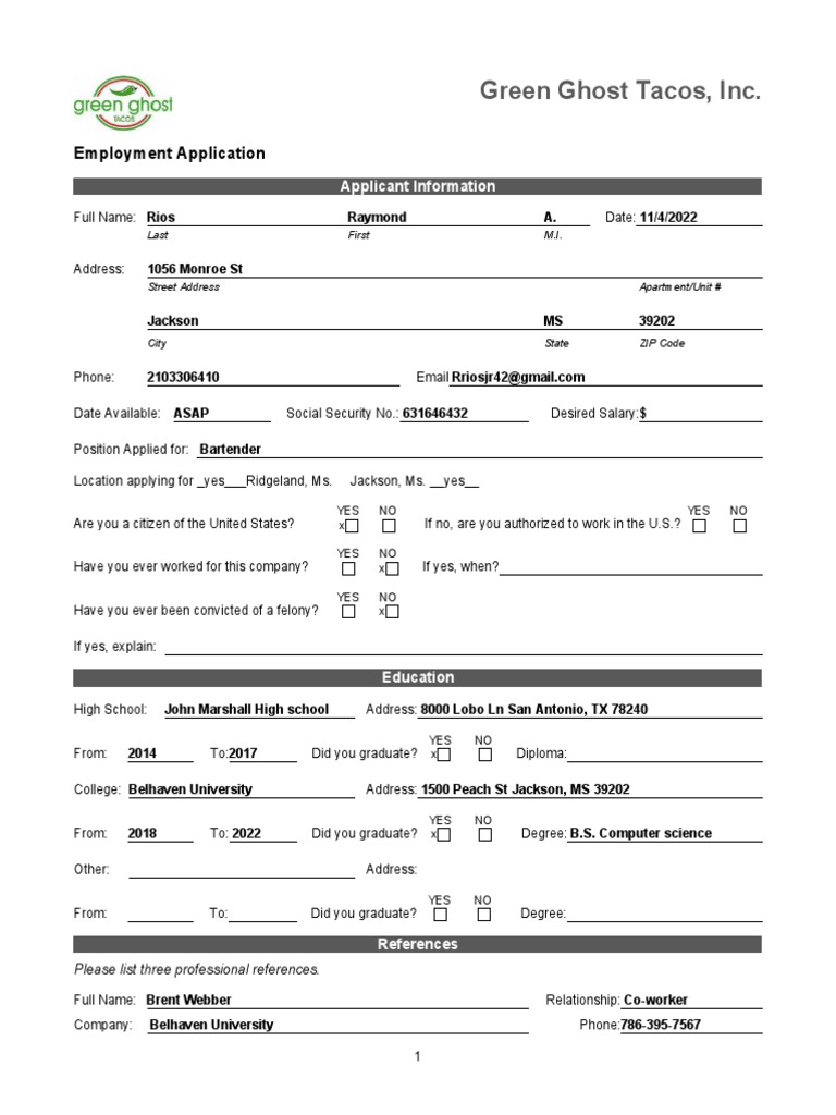 Green Ghost Tacos Employement Application | PDF