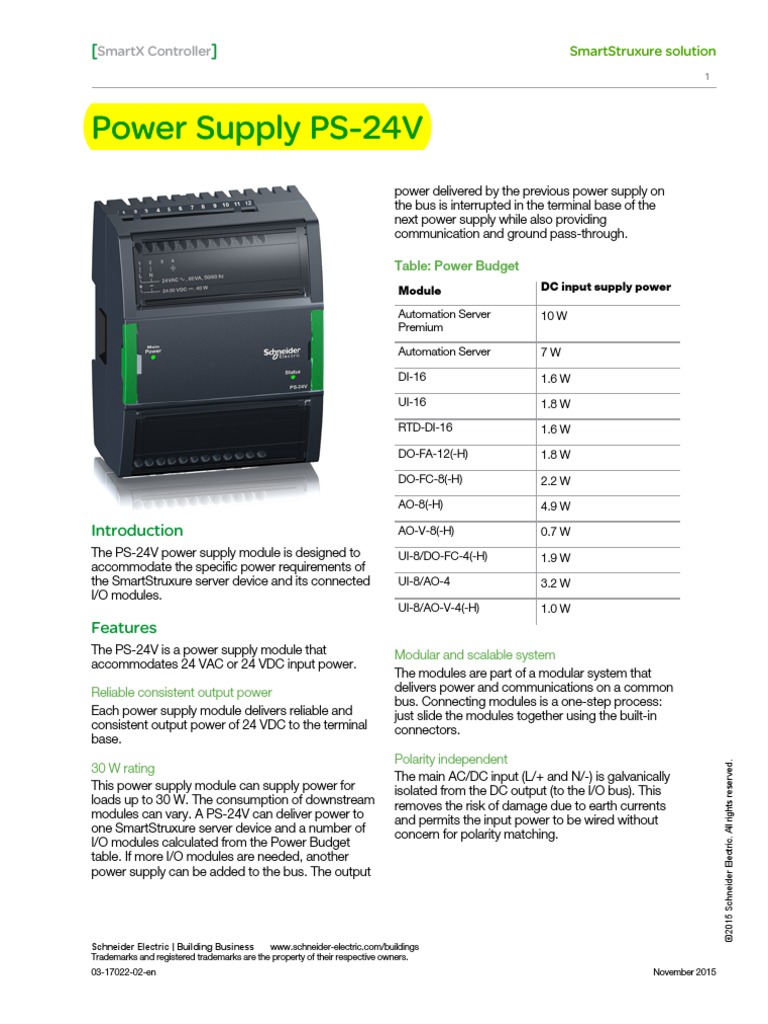 Power Supply PS-24V Specification Sheet - SmartStruxure Solution | PDF ...