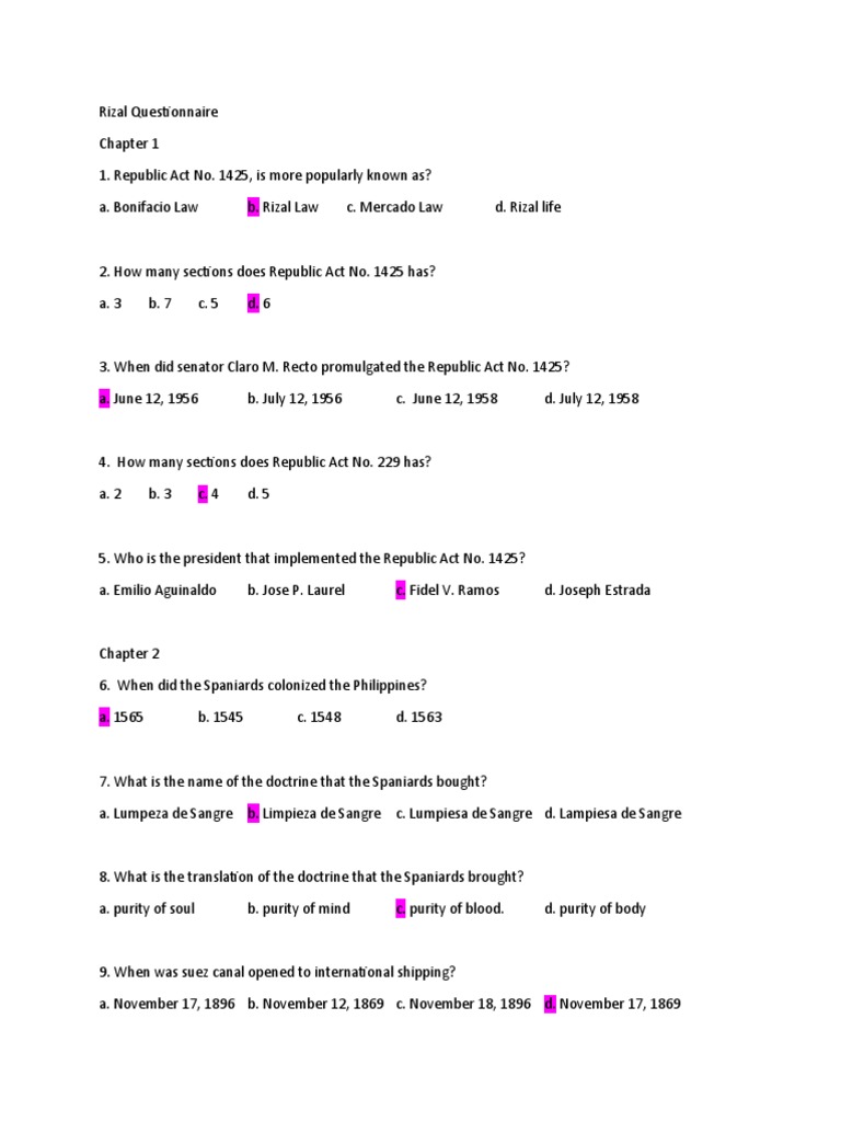 Rizal-Questionnaire Answer Key | PDF | Philippines
