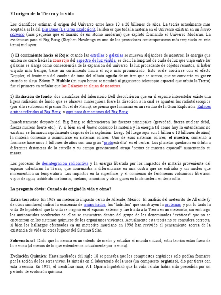 Origen de la vida en la Tierra | PDF | Biología Celular) | Big Bang