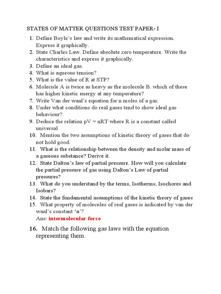 States of Matter Test Questions | PDF | Gases | Thermodynamics