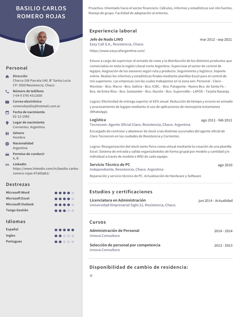 CV Basilio Carlos Romero Rojas | PDF | Microsoft | Microsoft Excel