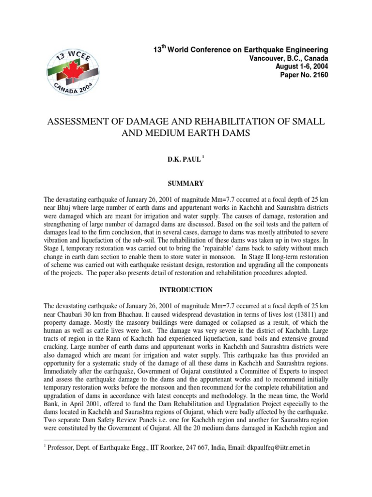 Assessment of Damage and Rehabilitation of Small and Medium Earth Dams | PDF | Dam | Earthquakes