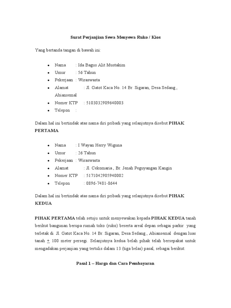 Surat Perjanjian Sewa Menyewa Ruko | PDF