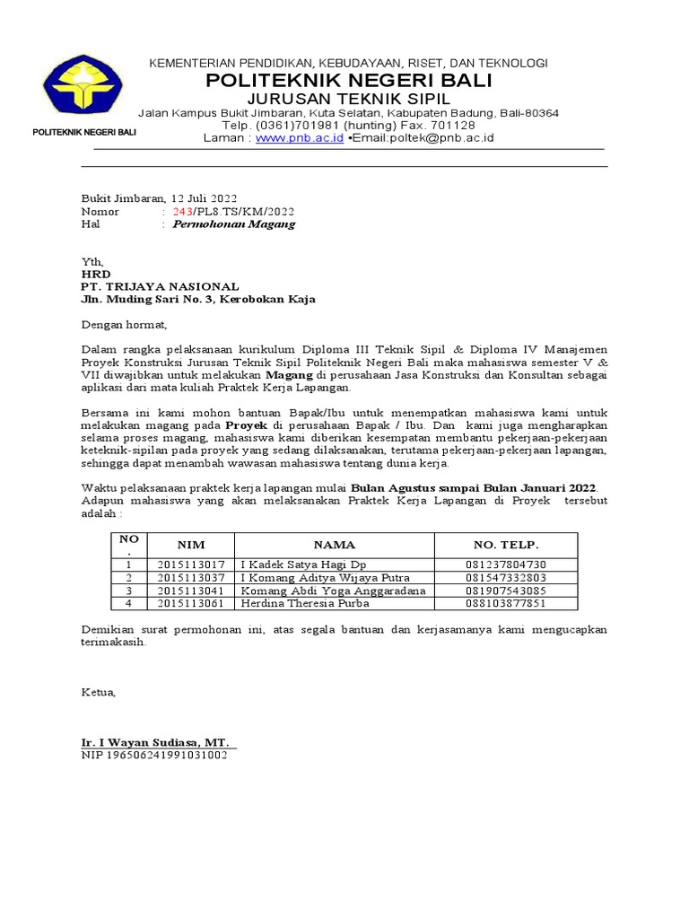 Permohonan Magang Mahasiswa Teknik Sipil | PDF
