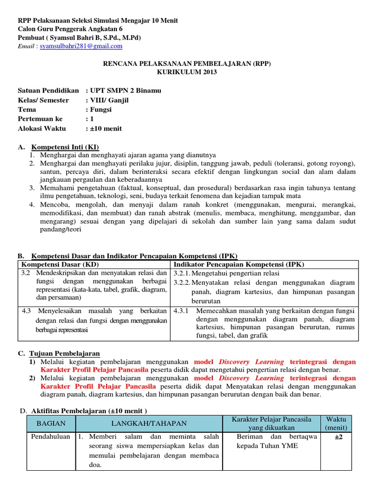RPP Satu Lembar Fungsi | PDF