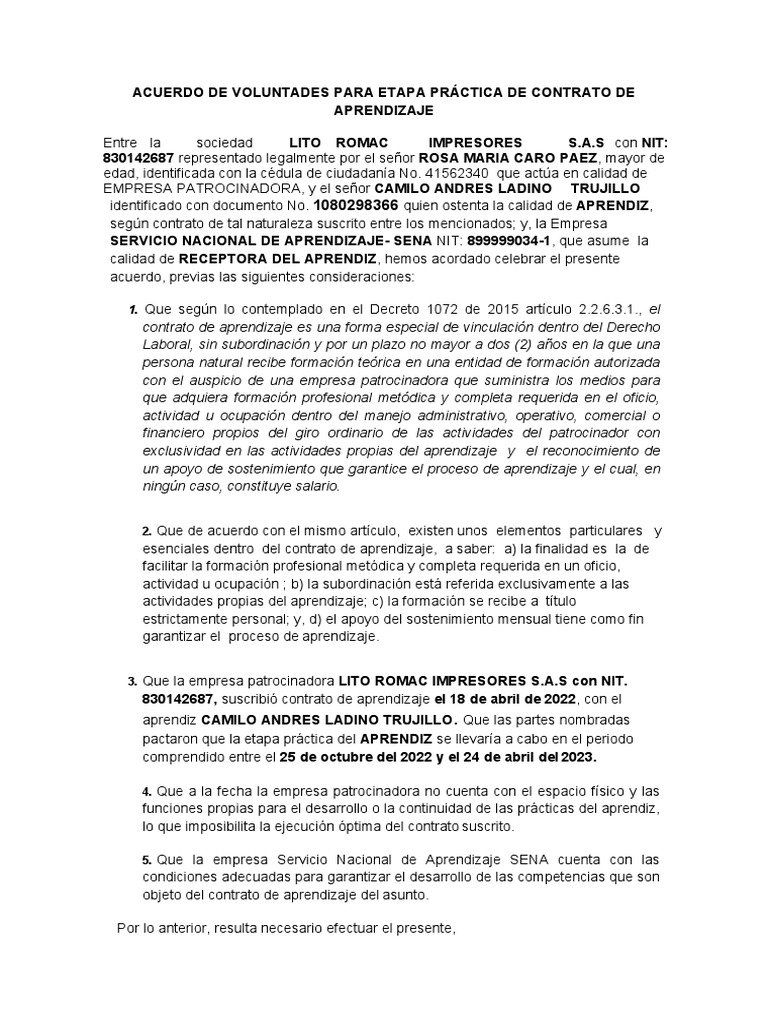 Acuerdo de Voluntades Camilo Andres Ladino Trujillo | PDF | Aprendizaje ...