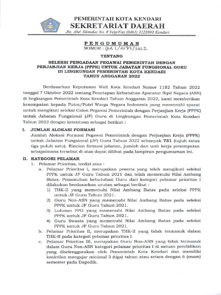 Pengumuman Seleksi PPPK Guru Kota-Kendari | PDF