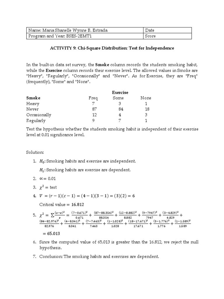 Chi-Square Test: Smoking vs. Exercise | PDF | Teaching Methods & Materials