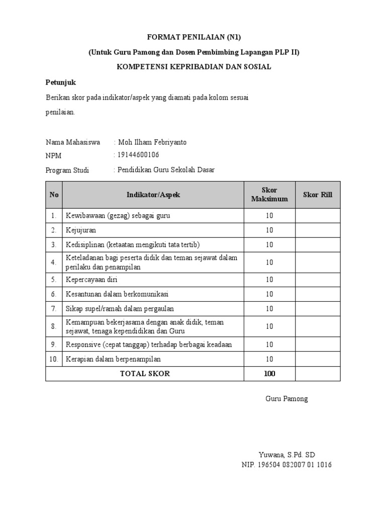 Format Penilaian PLP Ii-1 | PDF
