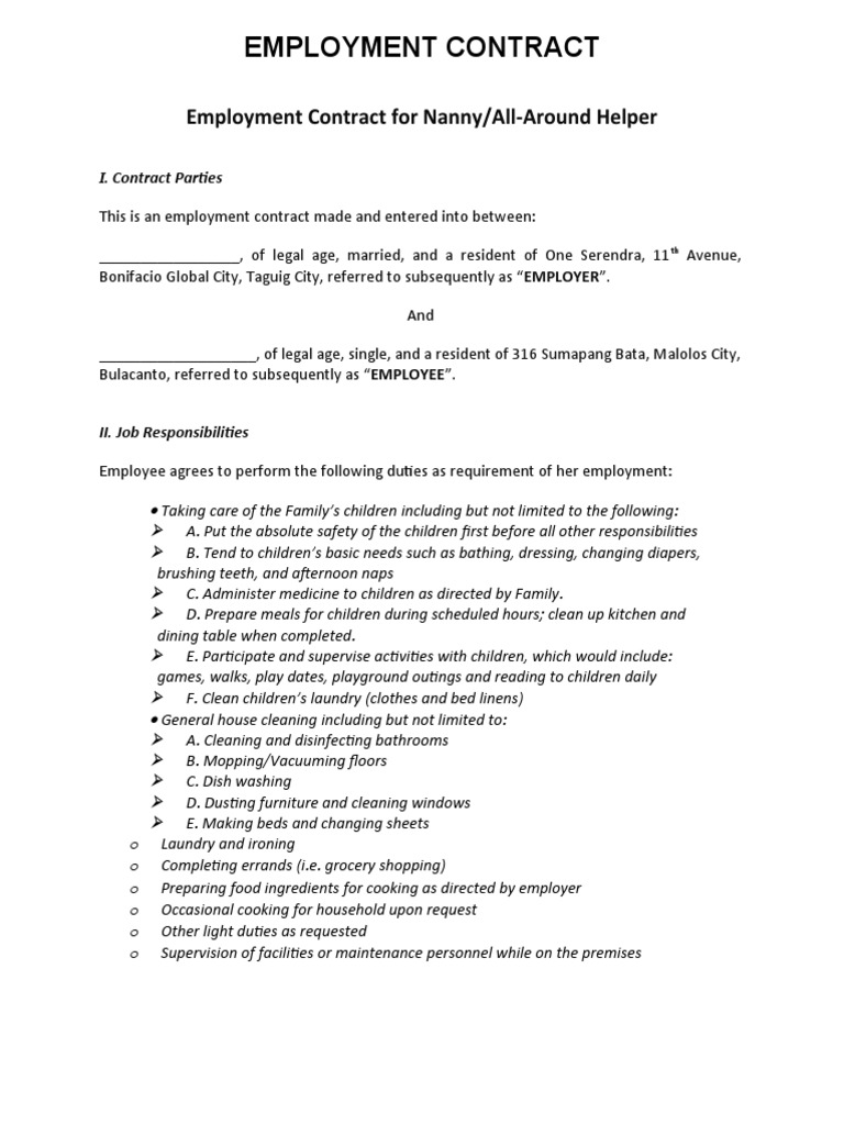 Employment Contract For All Around Helper-Nanny | PDF | Employment ...