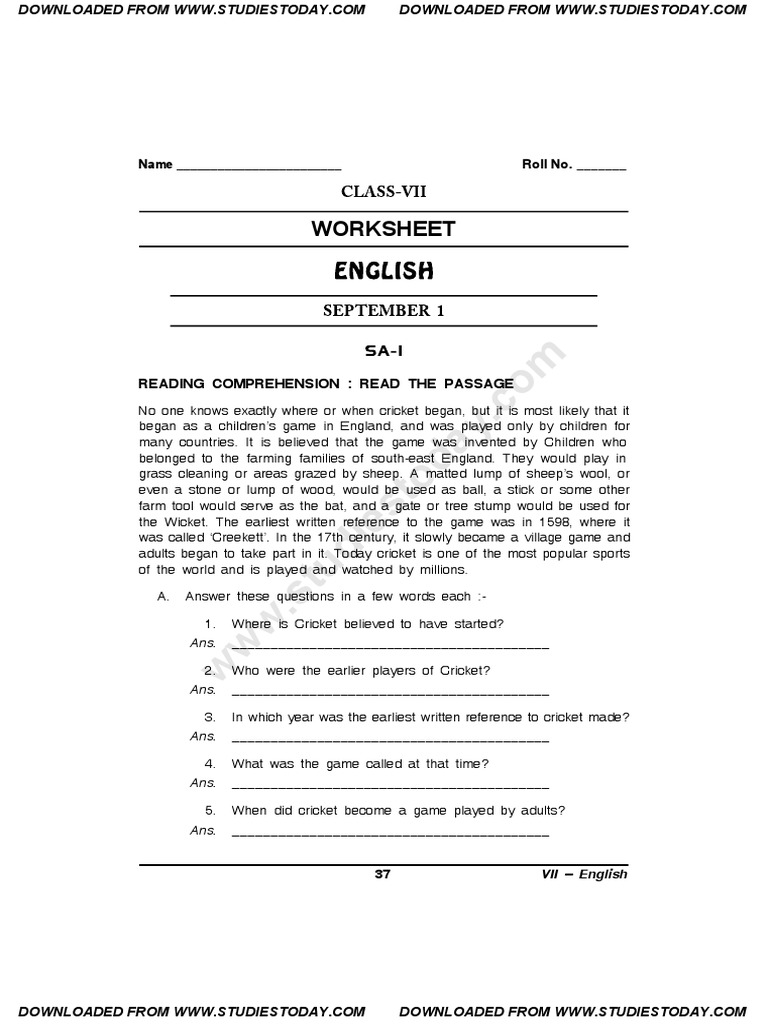 CBSE Class 7 English Prose Worksheet E | PDF | Cricket | Foods