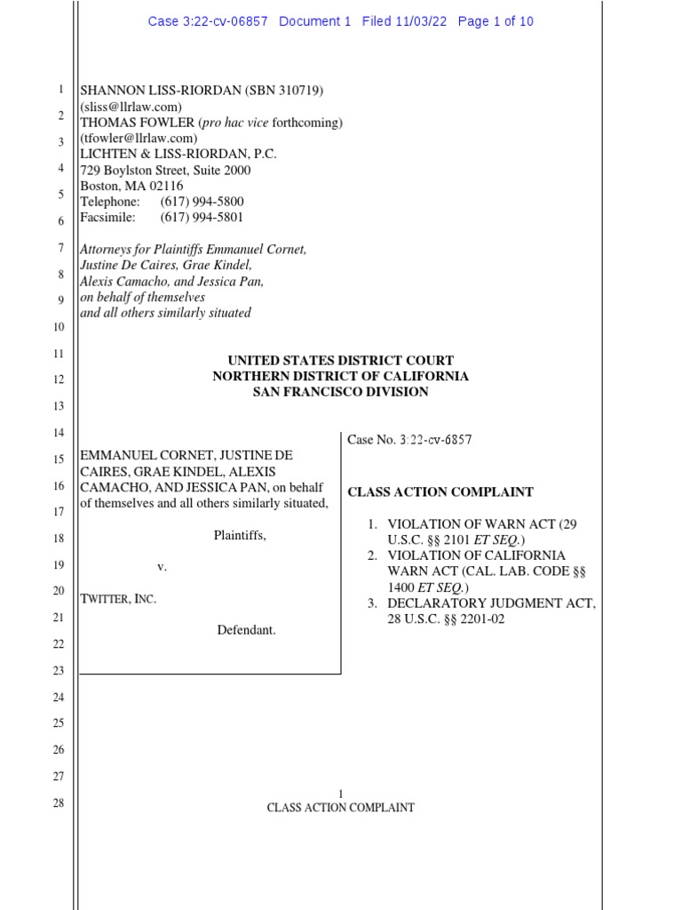 Twitter Employees File Lawsuit Against Company | PDF | Layoff | Class ...