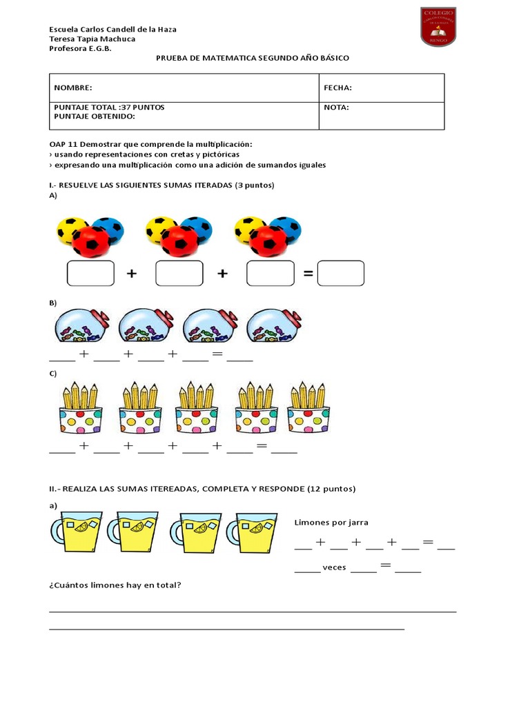 Prueba de Matemáticas: Multiplicación 2° Básico | PDF | Matemáticas ...