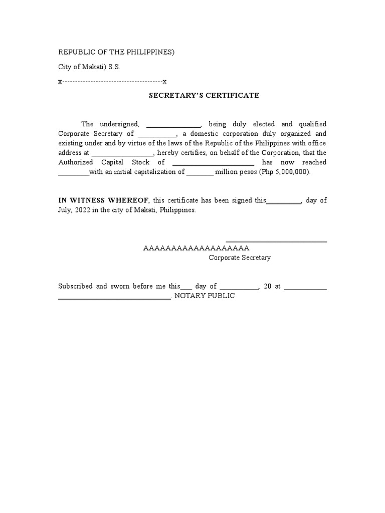Secretary's Certificate of Initial Capitalization | PDF