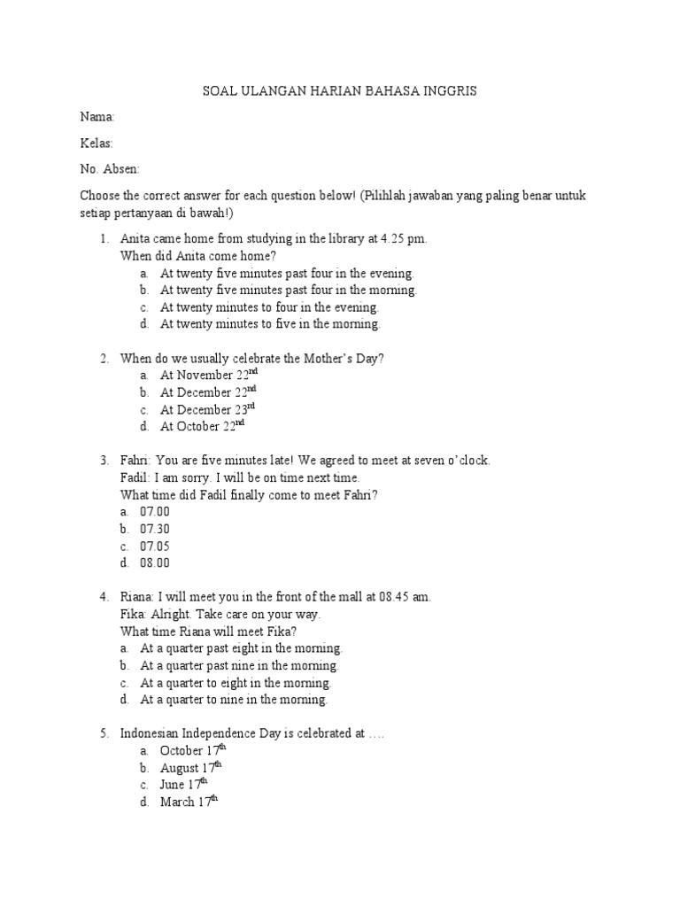 Daily English Language Practice Test: Answers for Common Time and Date ...