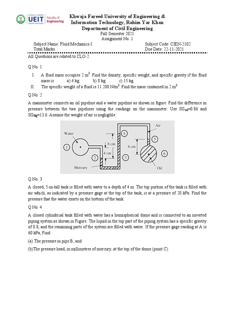 Fluid Mechanics-I Assignment 1 | PDF Fluid Mechanics-I Assignment 1 | PDF