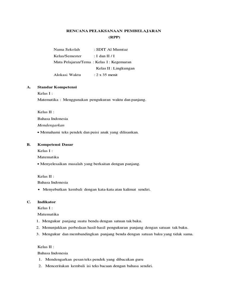 RPP Kelas Rangkap SDIT Al Mumtaz | PDF