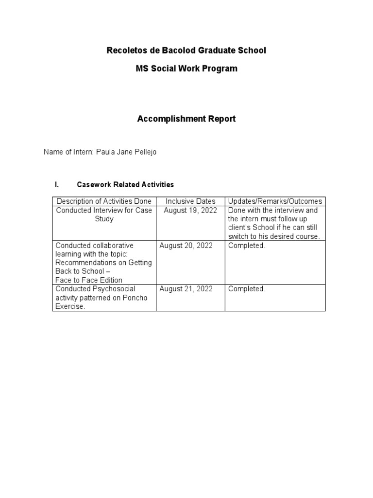 Accomplishment Report - Casework | PDF | Family | Goal