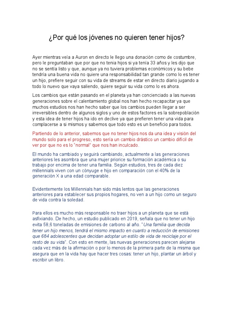 Ensayo Pq Los Jovenes No Quieren Tener Hijos Pdf Egoismo Psicologico 