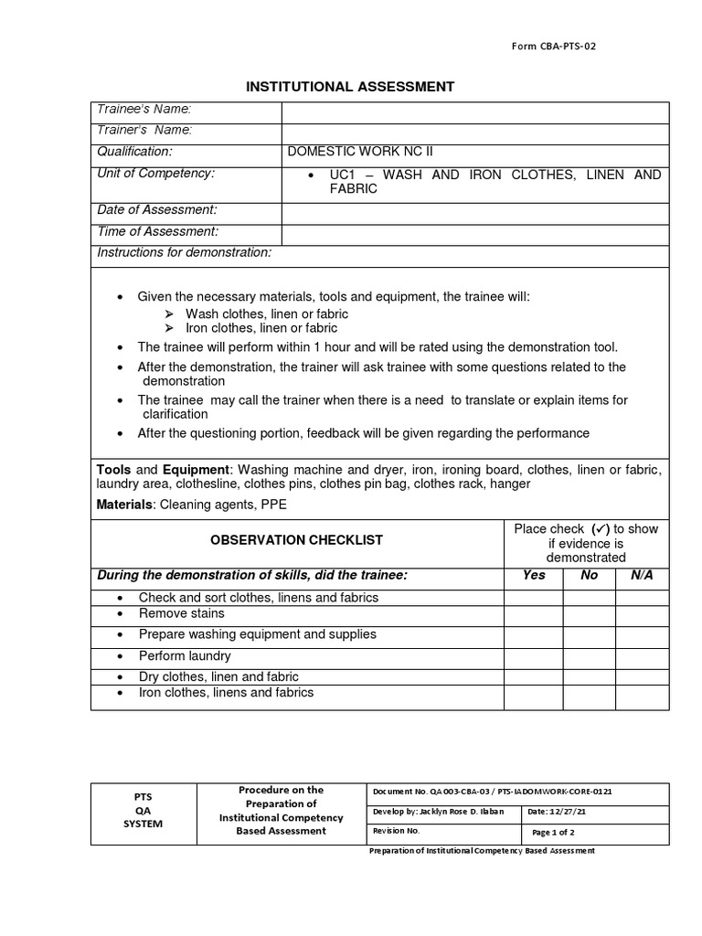Institutional Assessment - Domwork UC2 | PDF | Laundry | Manufactured Goods