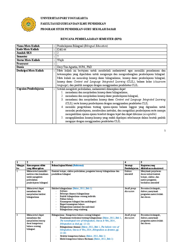 2022-2023 PGSD Sem VII - RPS Pembelajaran Bilingual | PDF