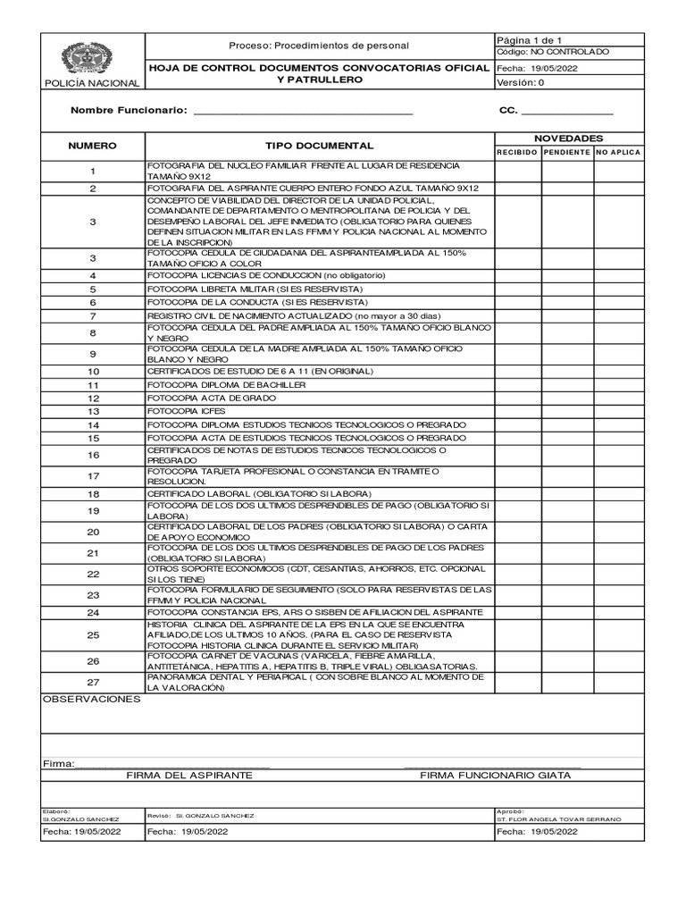 Formato Control para Documentos Convocatorias Oficial y Patrullero ...